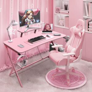 DEILALY Gaming Desk 45 Inch Computer Table Gamer Desk with Monitor Shelf Escritorios Mesa Office Home Study Desk Work Station PC Table Carbon Steel Leg with Headphone Holder Apartment Corner Desk Pink