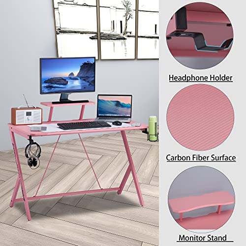 DEILALY Gaming Desk 45 Inch Computer Table Gamer Desk with Monitor Shelf Escritorios Mesa Office Home Study Desk Work Station PC Table Carbon Steel Leg with Headphone Holder Apartment Corner Desk Pink