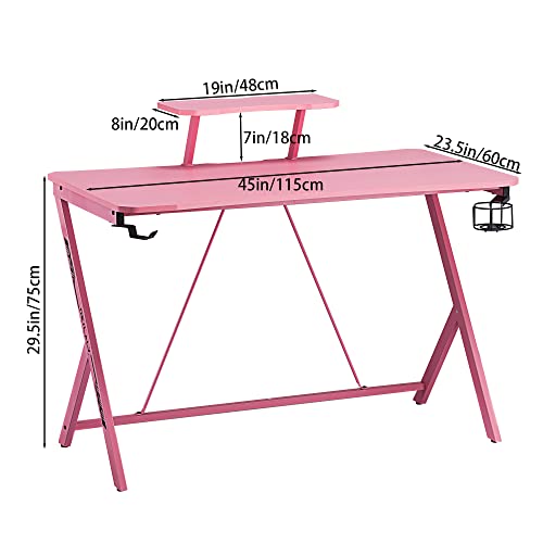 DEILALY Gaming Desk 45 Inch Computer Table Gamer Desk with Monitor Shelf Escritorios Mesa Office Home Study Desk Work Station PC Table Carbon Steel Leg with Headphone Holder Apartment Corner Desk Pink