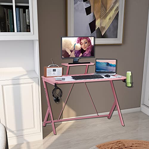 DEILALY Gaming Desk 45 Inch Computer Table Gamer Desk with Monitor Shelf Escritorios Mesa Office Home Study Desk Work Station PC Table Carbon Steel Leg with Headphone Holder Apartment Corner Desk Pink