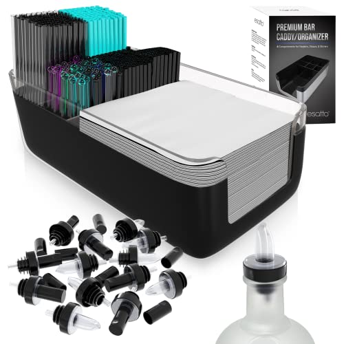 Esatto Professional Bar Products Premium Bar Caddy (Black), Used to Easily Organize Bar Items and Workspace, With Additional 12 Pourers For Precision Pouring and 12 Pourer Covers