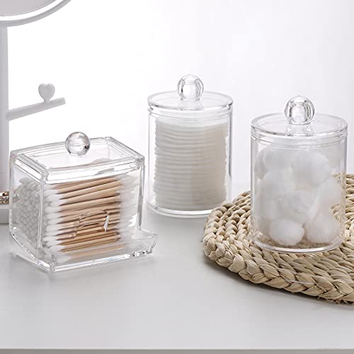 Tbestmax Plastic Qtips Holder Bathroom Container, 10/7 OZ Cotton Ball/Swabs Dispenser, Apothecary Jar Organizer for Storage 3 Pcs