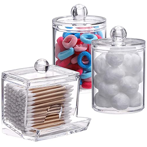 Tbestmax Plastic Qtips Holder Bathroom Container, 10/7 OZ Cotton Ball/Swabs Dispenser, Apothecary Jar Organizer for Storage 3 Pcs