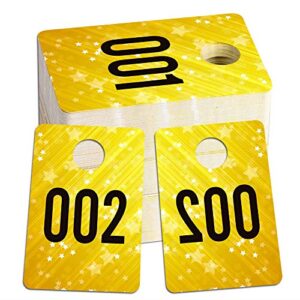 whatsign number tags for live sale,1.7" x 2.5" live numbers,normal and mirror image,reusable hanger tags for live coat room,100 consecutive numbers,001-100