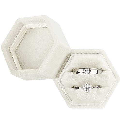 DesignSter Hexagon Velvet Ring Box - Premium Gorgeous Vintage Double Ring Display Holder with Detachable Lid for Proposal, Engagement, Wedding, Ceremony (Beige)