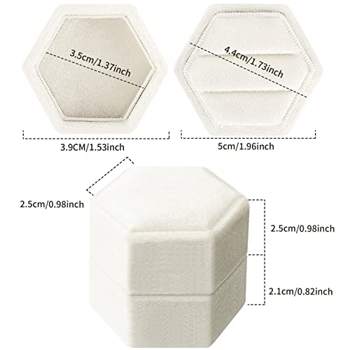 DesignSter Hexagon Velvet Ring Box - Premium Gorgeous Vintage Double Ring Display Holder with Detachable Lid for Proposal, Engagement, Wedding, Ceremony (Beige)