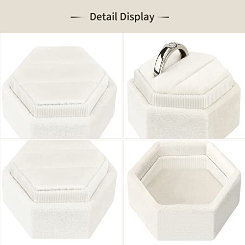 DesignSter Hexagon Velvet Ring Box - Premium Gorgeous Vintage Double Ring Display Holder with Detachable Lid for Proposal, Engagement, Wedding, Ceremony (Beige)