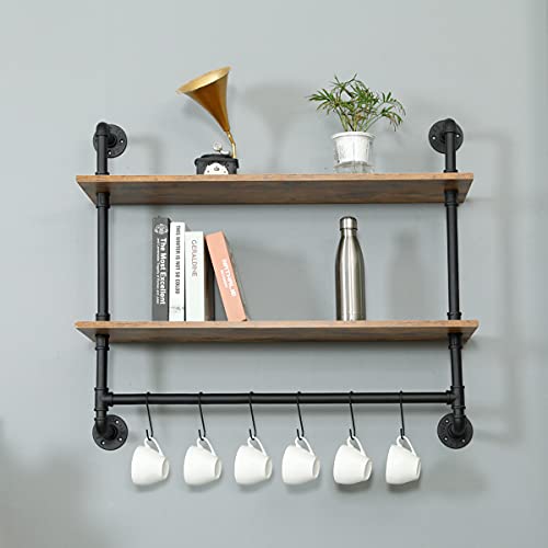 MAIKAILUN Industrial Pipe Shelving, Iron Pipe Shelves Bathroom Shelves with Towel bar, Rustic Metal Pipe Floating Shelves, Pipe Shelf Wall Mounted with Hooks for Coffee Bar Kitchen(36" 2Tiers)