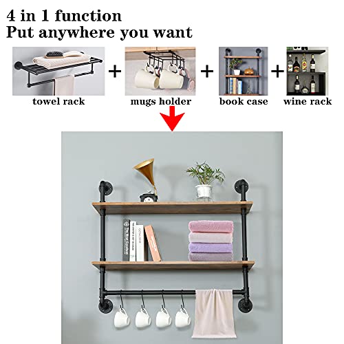 MAIKAILUN Industrial Pipe Shelving, Iron Pipe Shelves Bathroom Shelves with Towel bar, Rustic Metal Pipe Floating Shelves, Pipe Shelf Wall Mounted with Hooks for Coffee Bar Kitchen(36" 2Tiers)