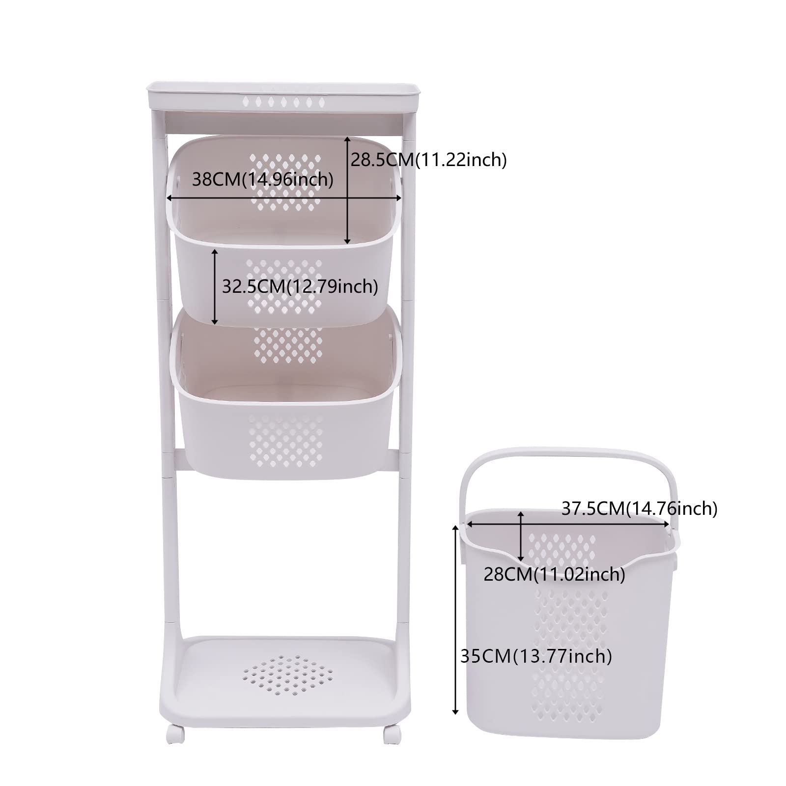 3 Tier Rolling Laundry Basket Cart with Wheels,Multipurpose Bathroom Laundry Rolling Laundry Sorter Hamper Storage Shelf Bin Removable Storage Basket with Handle for Bathroom Kitchen Laundry Room