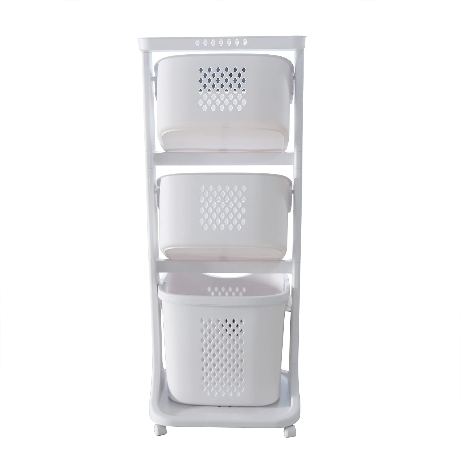 3 Tier Rolling Laundry Basket Cart with Wheels,Multipurpose Bathroom Laundry Rolling Laundry Sorter Hamper Storage Shelf Bin Removable Storage Basket with Handle for Bathroom Kitchen Laundry Room