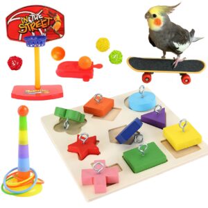 Bird Training Toy, Parakeet Intelligence Toy, Parrot Wooden Block Puzzles Toy, Bird Basketball Toy, Parrot Skateboard, Bird Stacking Toy for Parrot Budgie Cockatiel Finch