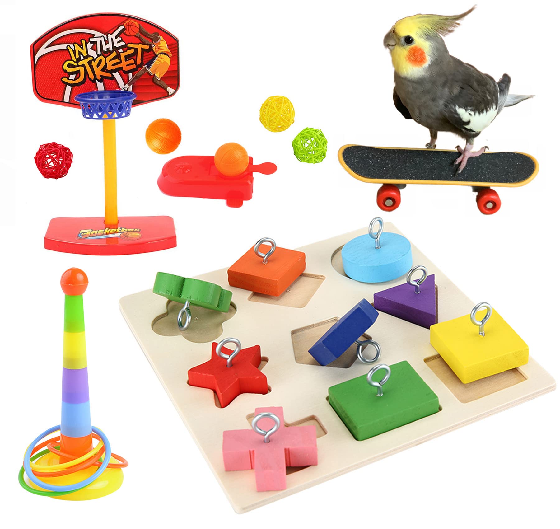 Bird Training Toy, Parakeet Intelligence Toy, Parrot Wooden Block Puzzles Toy, Bird Basketball Toy, Parrot Skateboard, Bird Stacking Toy for Parrot Budgie Cockatiel Finch