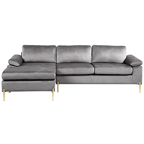 Devion Furniture Modern Velvet Sectional Sofa in Gray/Gold Legs