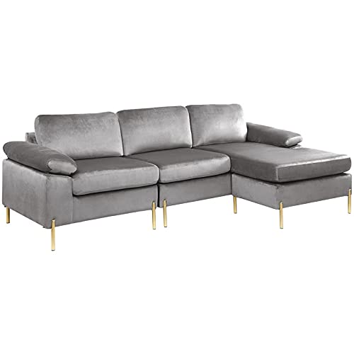 Devion Furniture Modern Velvet Sectional Sofa in Gray/Gold Legs