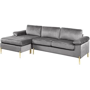 Devion Furniture Modern Velvet Sectional Sofa in Gray/Gold Legs