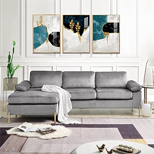 Devion Furniture Modern Velvet Sectional Sofa in Gray/Gold Legs