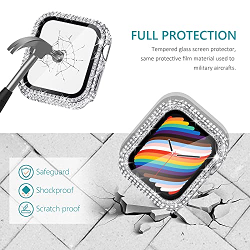 Surace Compatible with Apple Watch Case 44mm with Screen Protector for Apple Watch Series 6/5/4/3/2/1, Bling Case 300 Crystal Diamond Tempered Glass Protective Cover for 38mm 40mm 42mm 44mm, Silver