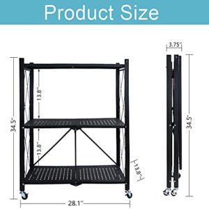 Karlling Storage Shelves with Wheels,3 -Tier Foldable Heavy Duty Shelves Kitchen Organizer Shelves Wheel Casters,Garage Metal Organizer Wire Rack(Black)