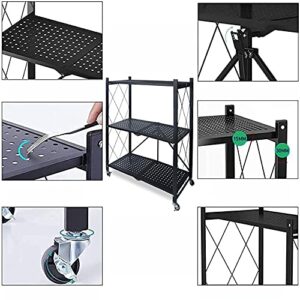 Karlling Storage Shelves with Wheels,3 -Tier Foldable Heavy Duty Shelves Kitchen Organizer Shelves Wheel Casters,Garage Metal Organizer Wire Rack(Black)