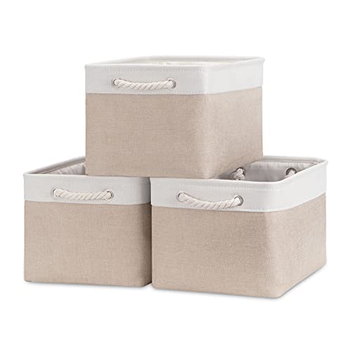 Bidtakay Baskets Large Fabric Storage Bins with Handles [3-Pack] Collapsible Storage Basket for Shelves 15 X 11 X 9.5 inches Canvas Bins for Storage Closet Organization (White&Beige)