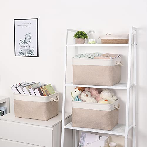 Bidtakay Baskets Large Fabric Storage Bins with Handles [3-Pack] Collapsible Storage Basket for Shelves 15 X 11 X 9.5 inches Canvas Bins for Storage Closet Organization (White&Beige)