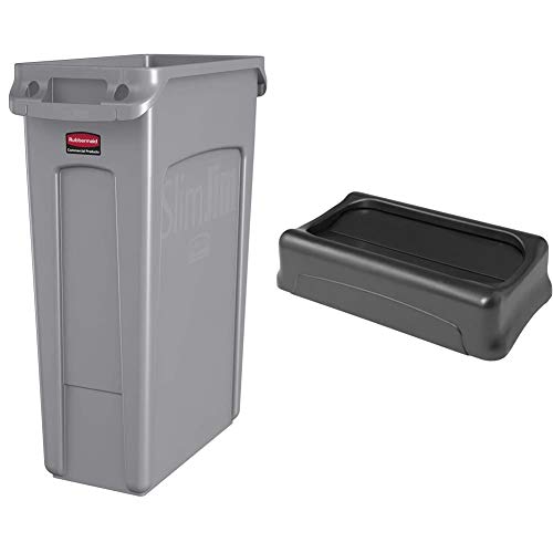 Rubbermaid Commercial Products Slim Jim Plastic Rectangular Trash/Garbage Can with Venting Channels, 23 Gallon, Gray (FG354060GRAY) & Swing Lid, Black (FFG267360BLA), 5" x 20.5" x 11.7"