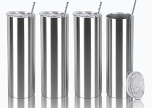 20 oz straight skinny tumbler set, stainless steel slim skinny travel tumbler bulk, birthday diy gift for women friends sisters, 4 pack, silver