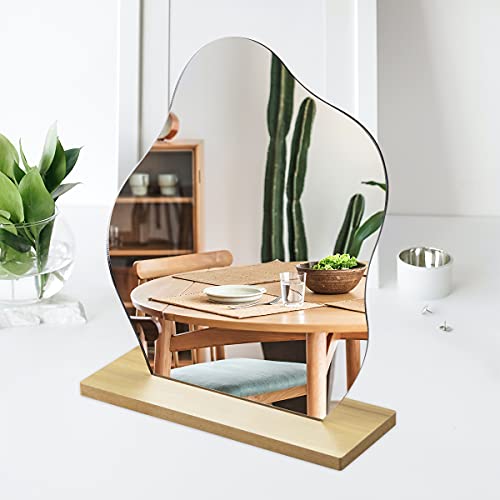 Irregular Aesthetic Mirror Frameless Funky Makeup Mirror Decorative Desk Tabletop Wavy Mirror with Wooden Stand for Living Room Bedroom and Minimal Spaces Home Decor (Cloud Shape)