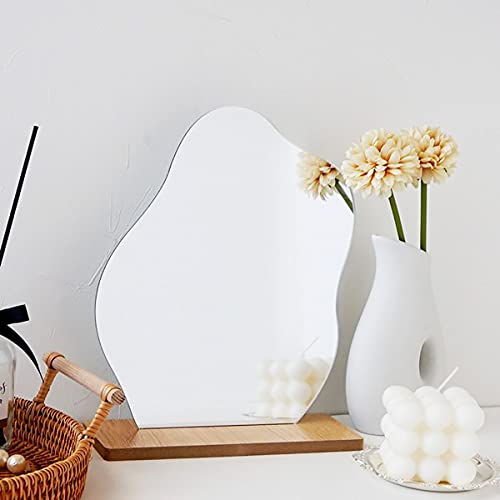 Irregular Aesthetic Mirror Frameless Funky Makeup Mirror Decorative Desk Tabletop Wavy Mirror with Wooden Stand for Living Room Bedroom and Minimal Spaces Home Decor (Cloud Shape)