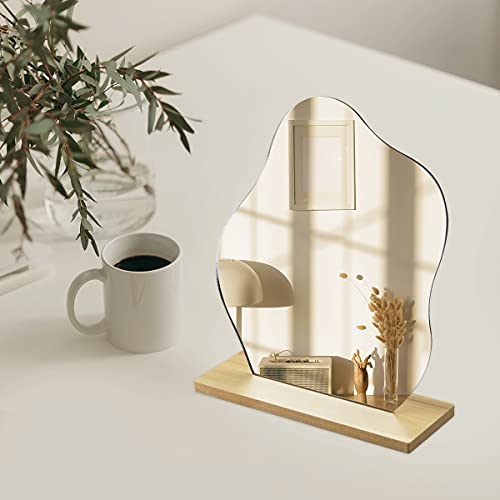 Irregular Aesthetic Mirror Frameless Funky Makeup Mirror Decorative Desk Tabletop Wavy Mirror with Wooden Stand for Living Room Bedroom and Minimal Spaces Home Decor (Cloud Shape)