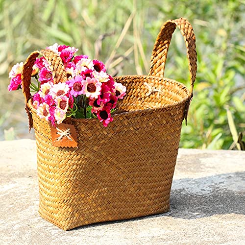 UXZDX Natural Straw Basket Trash Basket, Handmade, Practical Storage Basket with Handle