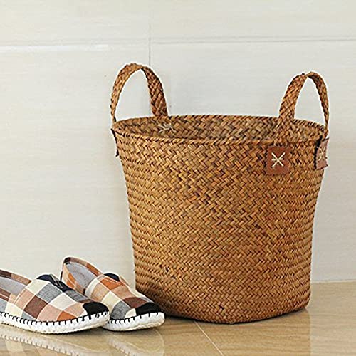 UXZDX Natural Straw Basket Trash Basket, Handmade, Practical Storage Basket with Handle