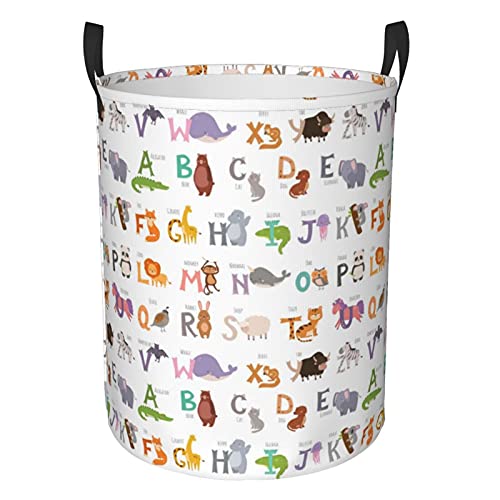 Foruidea Large Laundry Basket Zoo Alphabet With Cartoon Animals Laundry Hamper Collapsible Oxford Fabric With Handle Dirty Clothes Storage Washing Bag Portable Tote Bag 22.7 Inch