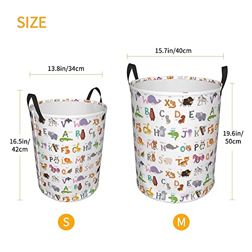 Foruidea Large Laundry Basket Zoo Alphabet With Cartoon Animals Laundry Hamper Collapsible Oxford Fabric With Handle Dirty Clothes Storage Washing Bag Portable Tote Bag 22.7 Inch