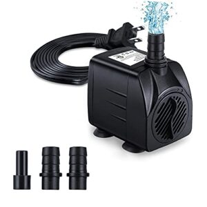 yddhhb submersible pump, 130gph(10w 500l/h) fountain water pump, compact fountain pump with 6.5ft power cord, 3 nozzles for fish tank, pond, aquarium, hydroponics (130gph)