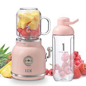 smoothie blender, icx personal blender for shakes and smoothies, retro smoothie maker portable blender with 6 sharp blades, 21oz travel cup and lids pink