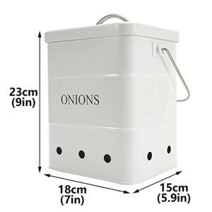 Garlic Container with Lid and handle, Sealed Food Storage Bin for Kitchen, Vegetable Fresh Keeper with Aerating Tin Storage Holes (White)