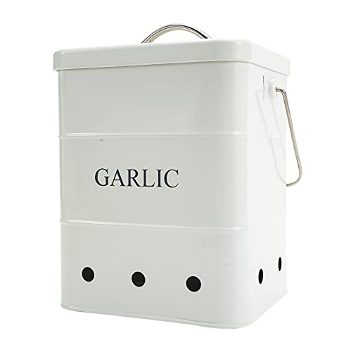 Garlic Container with Lid and handle, Sealed Food Storage Bin for Kitchen, Vegetable Fresh Keeper with Aerating Tin Storage Holes (White)