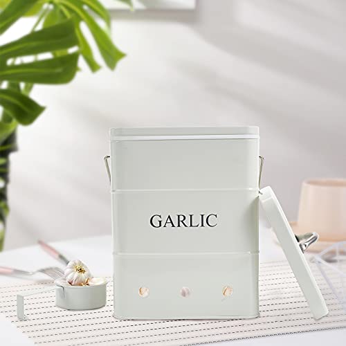 Garlic Container with Lid and handle, Sealed Food Storage Bin for Kitchen, Vegetable Fresh Keeper with Aerating Tin Storage Holes (White)