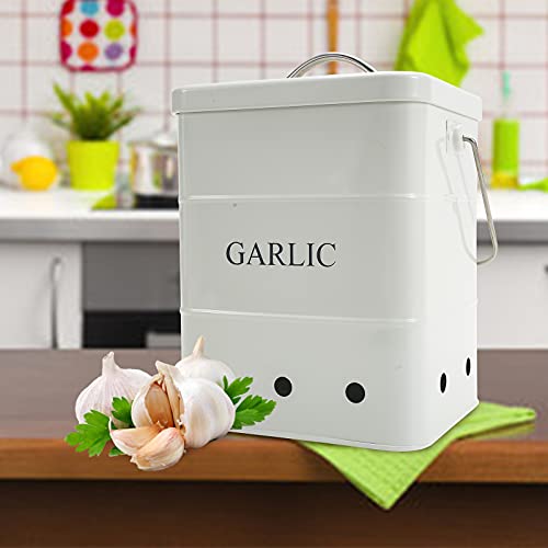 Garlic Container with Lid and handle, Sealed Food Storage Bin for Kitchen, Vegetable Fresh Keeper with Aerating Tin Storage Holes (White)