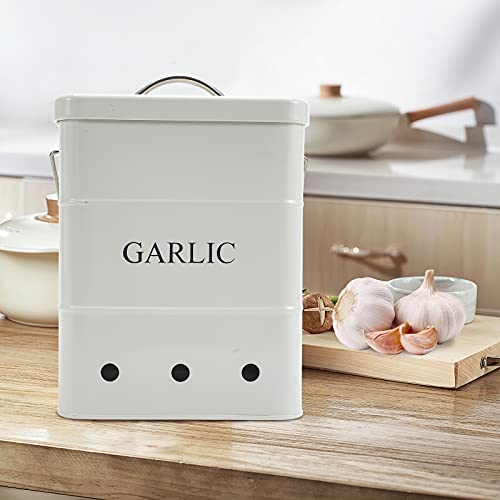 Garlic Container with Lid and handle, Sealed Food Storage Bin for Kitchen, Vegetable Fresh Keeper with Aerating Tin Storage Holes (White)