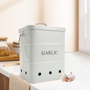 Garlic Container with Lid and handle, Sealed Food Storage Bin for Kitchen, Vegetable Fresh Keeper with Aerating Tin Storage Holes (White)