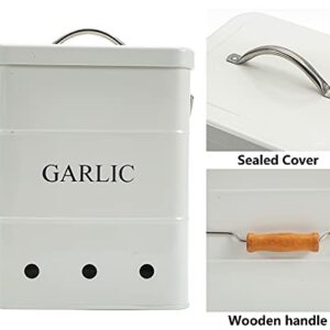 Garlic Container with Lid and handle, Sealed Food Storage Bin for Kitchen, Vegetable Fresh Keeper with Aerating Tin Storage Holes (White)