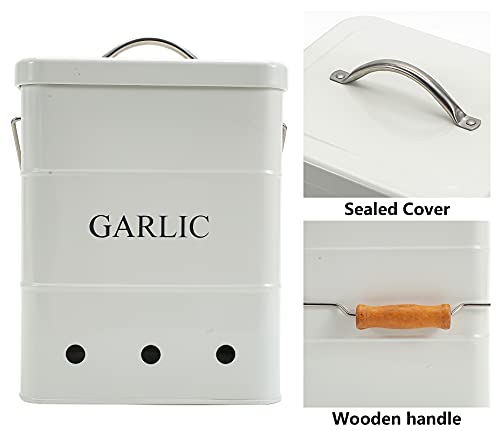 Garlic Container with Lid and handle, Sealed Food Storage Bin for Kitchen, Vegetable Fresh Keeper with Aerating Tin Storage Holes (White)