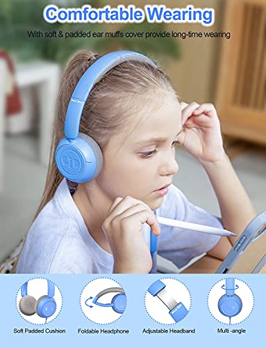 New bee Kids Headphones for School with Microphone HD Stereo Safe Volume Limited 85dB/94dB Foldable Lightweight On-Ear Headphone for Boys/PC/Mac/Android/Kindle/Tablet/Pad (Blue)