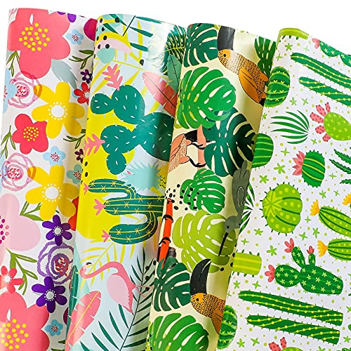 BULKYTREE Gift Wrapping Paper - Folded Flat, 12 Sheets Cactus, Flowers, Birds Design for Birthday, Wedding, Baby Showers and Holiday - 20 x 29 Inch Per Sheet