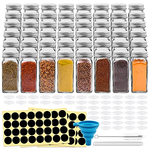 48 Pcs Glass Spice Jars Bottles, Cookmaster 4oz Empty Square Spice Containers with 96 Black Labels - Shaker Lids and Silver Metal Caps - 1 pcs Silicone Collapsible Funnel and 1pcs Brush Included