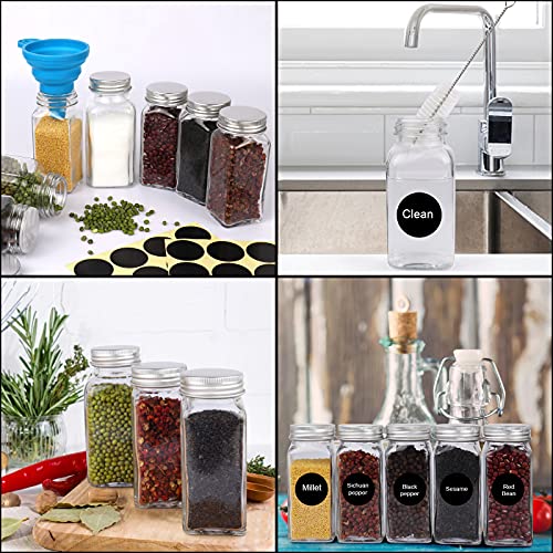 48 Pcs Glass Spice Jars Bottles, Cookmaster 4oz Empty Square Spice Containers with 96 Black Labels - Shaker Lids and Silver Metal Caps - 1 pcs Silicone Collapsible Funnel and 1pcs Brush Included