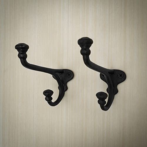 SaKeGa Rustic Cast Iron Wall Hooks, Heavy Duty Retro Utility Hooks for Hanging Coat, Bag, Towel, Robe, Hat and More, Pack of 2, Black